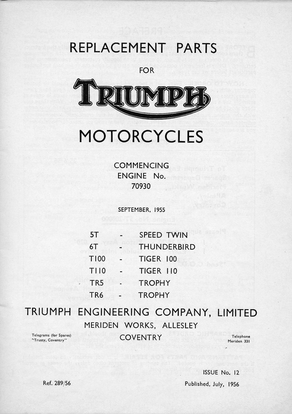 Triumph Replacement Parts Catalogue T100, T110, 5T. 6T. TR5. TR6 1956 ...