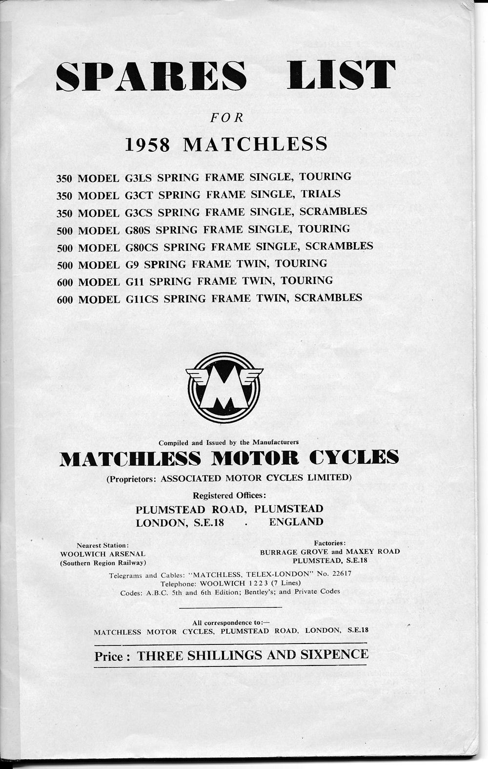 Matchless Parts Book. Spare Parts List 1958 Copy | BRITISH Only Austria ...